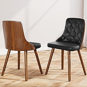 Aowos Dining Chairs Set of 2, Mid Century Modern PU Leather Upholstered Kitchen Chairs with Walnut Back and Iron Legs, Comfortable Seating for Kitchen, Dining Room, Bar Counter, Living Room (Black)
