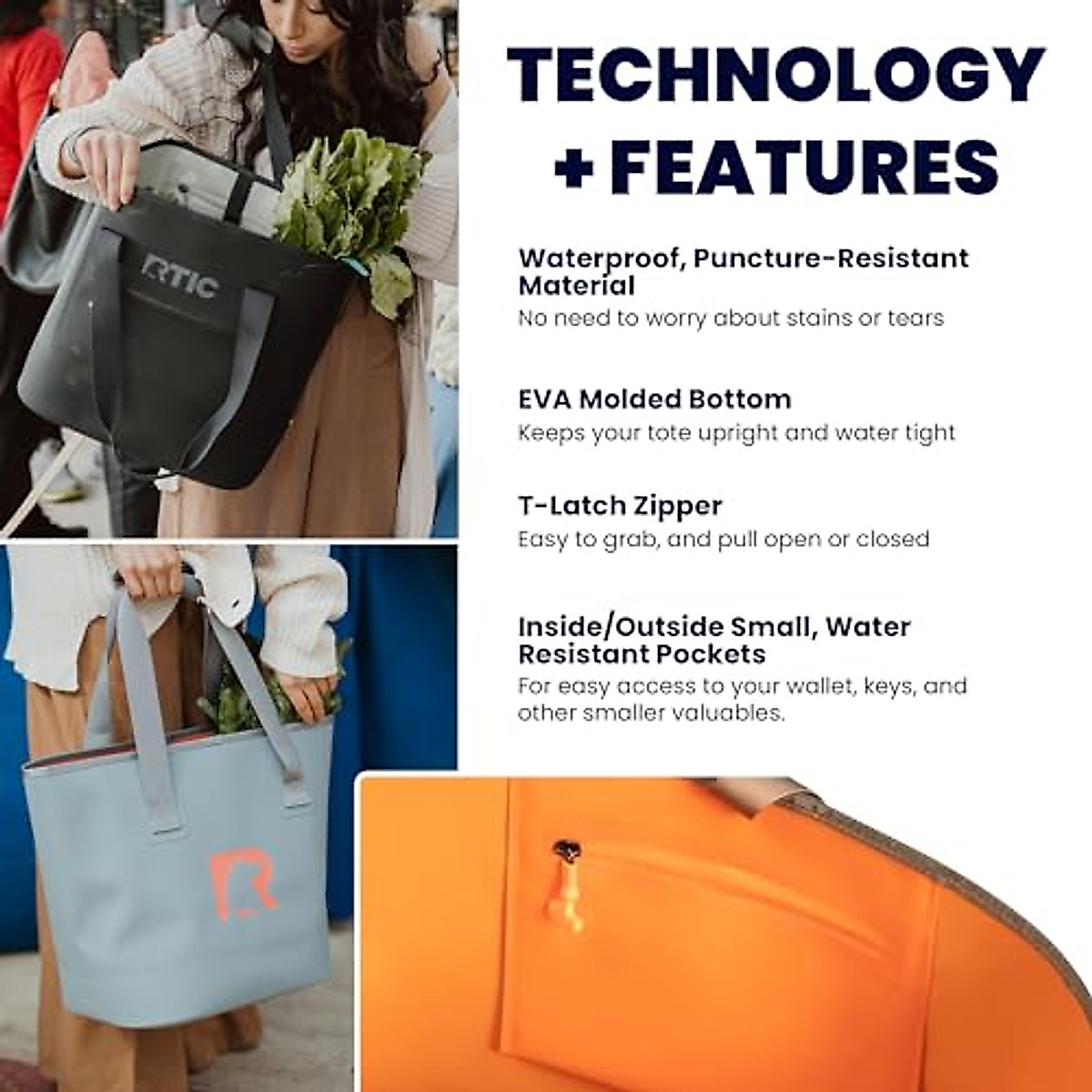 RTIC Ultra-Tough Tote Bag, Waterproof for Beach, Pool, Towel, Grocery, Shopping, Camping, Picnic, Travel, Boat, Heavy-Duty, Puncture Resistant, Large, Grey