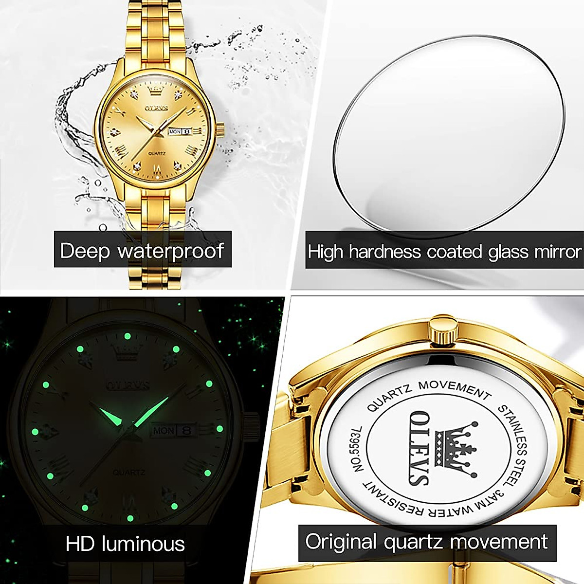 OLEVS Watches for Women 14k Gold Tone Ladies Watches Waterproof with Day and Date Stainless Steel Woman Wrist Watches,Simple Dress Small Face Lady Watch Fashion Elegant Classic Female Watches