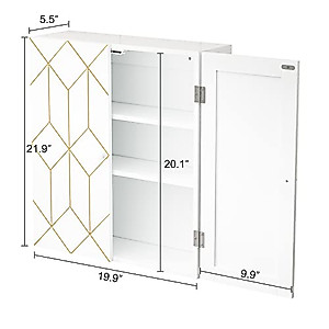 AZODY Bathroom Cabinet with Gold Trim, Wall-Mounted Bathroom Cabinet Storage Cabinet with Adjustable Shelves and Side Hooks, Space Saver Medicine Cabinet for Livingroom, Laundry, Frameless White