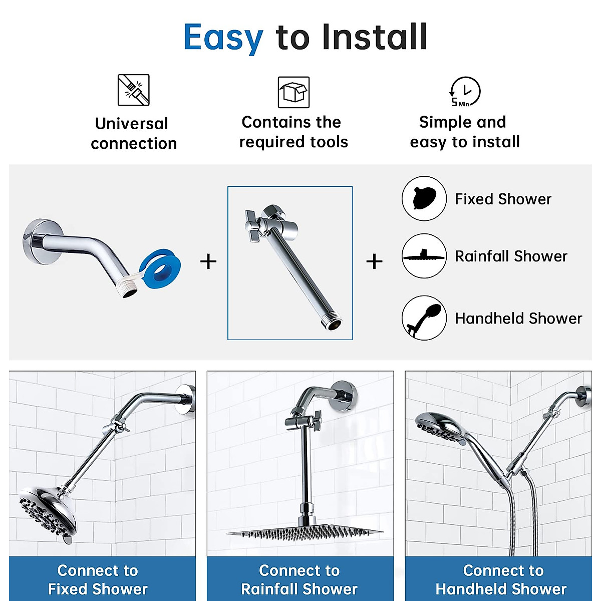 G-Promise Shower Head Extender, 6" Solid Brass Height/Angle Adjustable Shower Arm Extension with Single Locking Joint, Standard 1/2" Thread for Universal Shower Heads (6 inch, chrome)