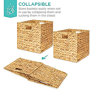 Best Choice Products 12x12in Hyacinth Baskets, Rustic Set Of 5 Multipurpose Collapsible Storage Organizer, Handwoven Laundry Totes for Bedroom, Living Room, Bathroom, Shelves w/Inserts - Natural