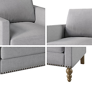 LCMKR Classic Linen Armchair Accent Chair with Bronze Nailhead Trim Wooden Legs Single Sofa Couch for Living Room, Bedroom, Balcony, Light Gray