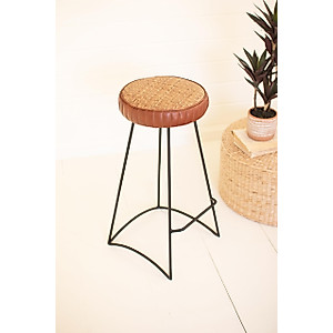 KALALOU NKHU1103 Iron BAR Stool with Leather and Woven Cane