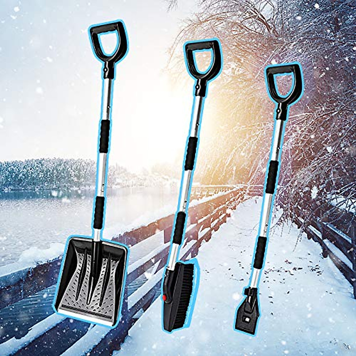 3-in-3 Snow Shovel Kit Snow Shovel with Ice Scraper and Snow Brush, Collapsible Snow Sand Mud Removal Tool for Garden, Camping, Car and Other Outdoor Activities