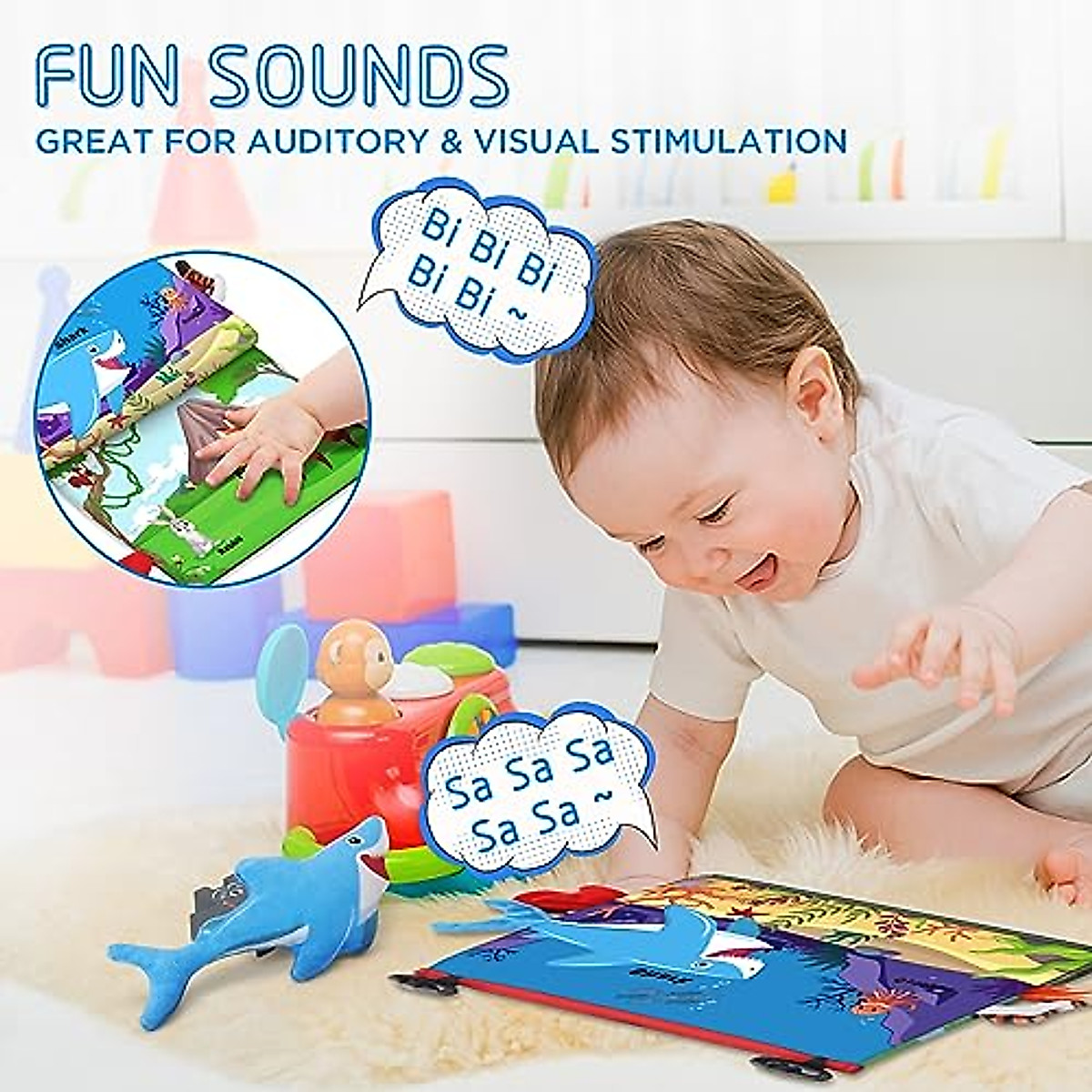 KETIEE Baby Tummy Time Mirror Toys, 3 in 1 Black and White High Contrast Infant Toys with Crinkle Cloth Book, Shark Doll & Teether Newborn Montessori Sensory Toys for Baby Boy Girl 0-3-6-9-12 Months