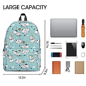 Big Kids School Backpack, Cute Cat Classic Lightweight School Bookbags for Teen Boys Girls, Durable Casual Daypack 17 IN for Middle High School College Students with 15-Inch Laptop Compartment