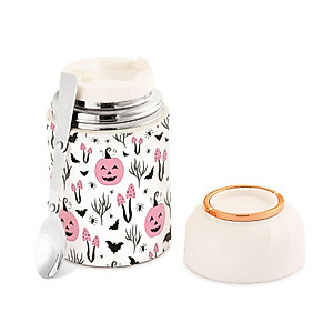 JUNZAN Pink Pumpkin Halloween Kids Womens Insulated Food Jar with Spoon 17oz/500ml Hot Lunch Container Stainless Steel Vacuum Leak Proof Thermo Flask for Insulated Hot Food