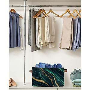 Marble Emerald Green Cube Storage Organizer Bins with Handles, 15x11x9.5 Inch Collapsible Canvas Cloth Fabric Storage Basket, Modern Abstract Gold Art Books Kids' Toys Bin Boxes for Shelves, Closet