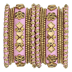 Aheli Ethnic Handmade Silk Thread Faux Stone Studded Bangle Set Chuda Indian Wedding Wear Fashion Jewelry for Women (Light Pink)