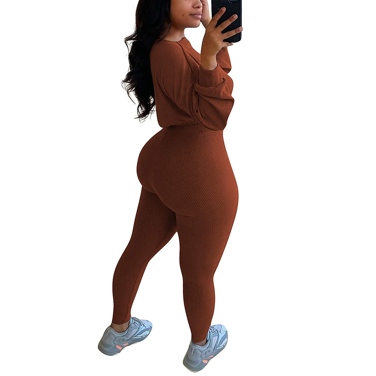 Women Fall Ribbed 2 Piece Outfits Tracksuit Long Sleeve Pullover Crop Tops Bodycon Long Pants Jumpsuit Set Sweatsuits Coffee