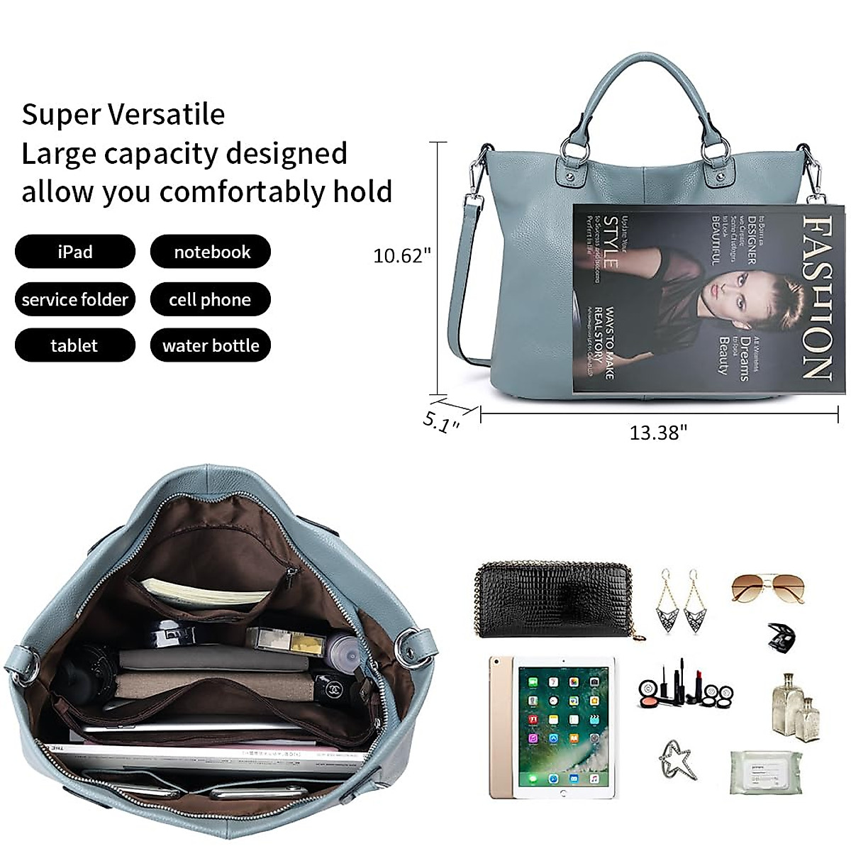 Kattee Women's Soft Leather Tote Bag, Top Satchel Purses and Handbags (Blue)