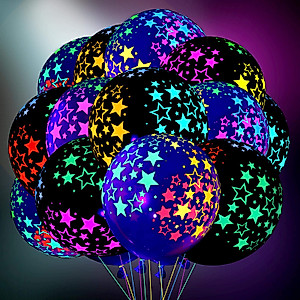Chivao 50 Pieces Neon Glow Balloons Neon Stars Glow in Blacklight Black Light Fluorescent Mini Stars Party Balloons Neon Latex Balloons for Birthday Wedding Arch Party Decoration (Black, Clear)