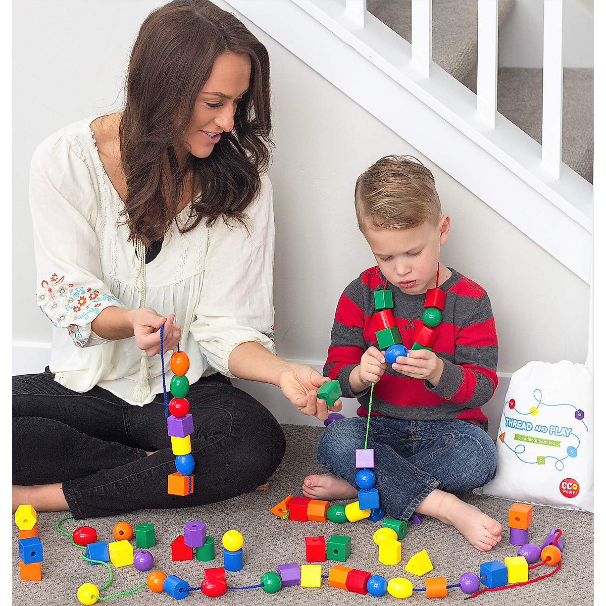 CC O Play Large Lacing Bead Set for Kids - 36 Jumbo Beads & 4 Threads for Toddlers - Montessori Educational Stringing Toy for Preschool Children - Bonus Bag & Ebook with Primary Resources