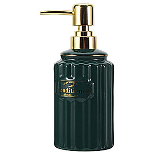 SOOKDEO Soap Dispensers, 14oz Ceramic Bottles with Gold Pumps & Waterproof Labels for Shampoo, Hand Soap, Dish Soap, Lotion, Body Wash - Ideal for Bathroom, Kitchen, Living Room, Set of 2 (Green)