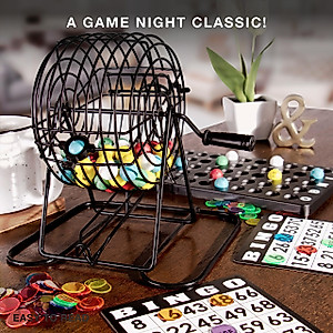 Deluxe Bingo Set with Extra Cards and Chips - Bingo Set with Game Chips, Cards, Roller Cage, Master Board, Color Balls - Classic Fun and Party Games for Seniors, Family and Kids