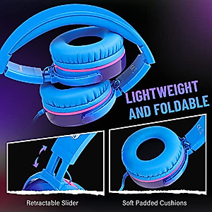 rockpapa Grade On-Ear Kids Headphones with Microphone, Lightweight Foldable Stereo Bass Headphones with 1.5M No-Tangle Cord, Portable Wired Headphones for Laptop Computer Tablet Smartphone Blue