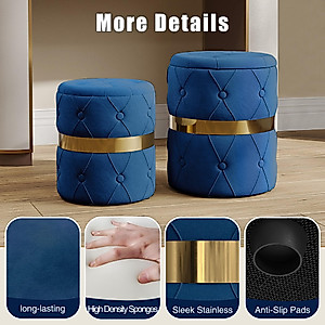 RoyalCraft Round Storage Ottoman Set of 2, Fully Assembled Velvet Vanity Stool Chair, 22QT Large Storage Foot Stool, Support 200lbs Padded Seat for Bedroom, Living Room, Office and Study Room, Blue