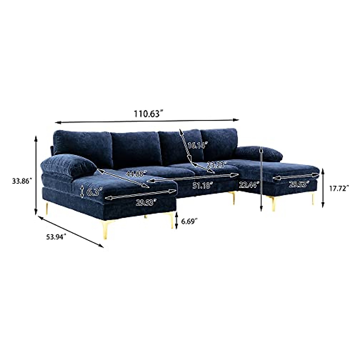 RXRRXY Accent U Shaped Sectional Sofa Couch Set with Two Pillows, Double Addition Wide Chaise Lounge Couch with Metal Legs for Living Room and Apartment (Navy)