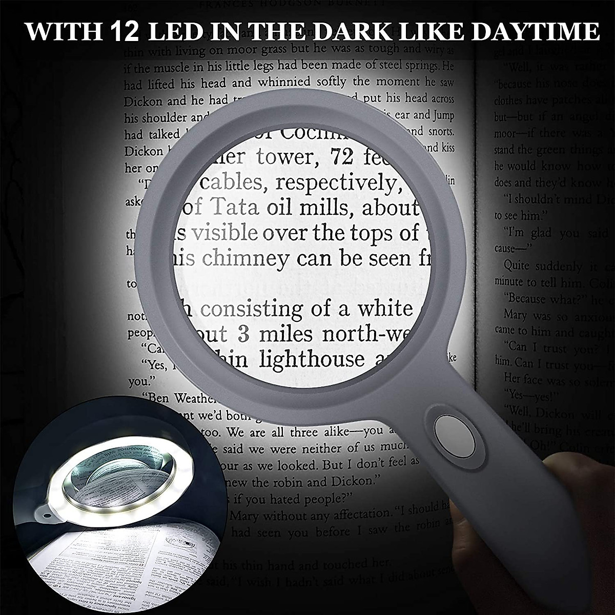 HYOIIO 10X Handheld Magnifying Glass-Lighted Reading Magnifier with 12 LED Lights Large and Real Magnifying Lens for Macular Degeneration, Seniors Reading, Soldering, Inspection, Coins