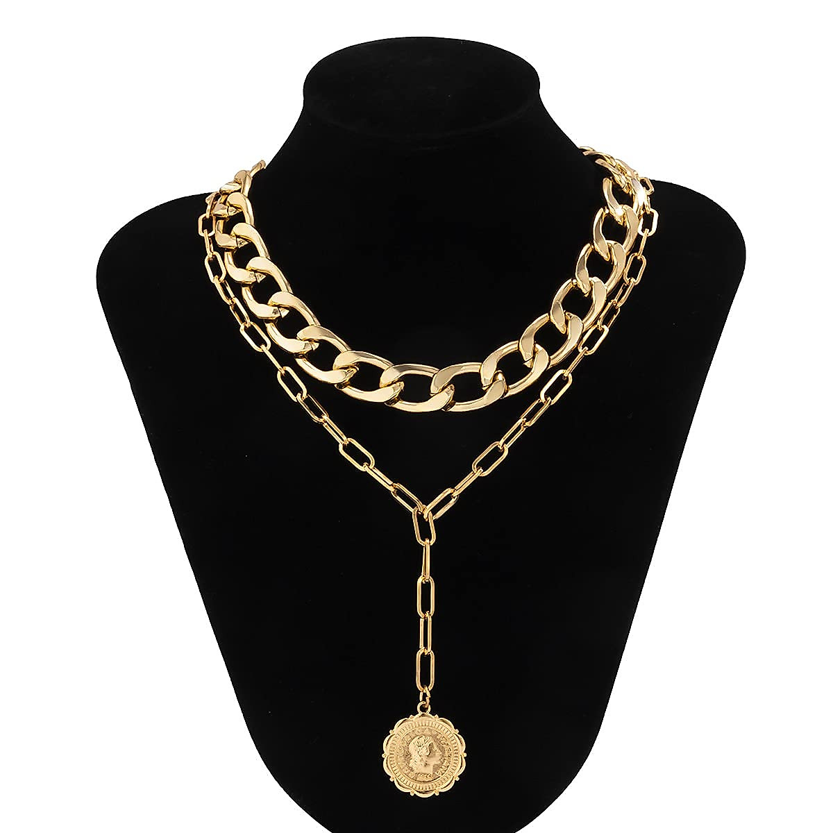 JWICOS Gold Boho Cuban Chunky Necklace Layered Dainty Paperclip with Coin Pendant Choker Chain for Women and Girls (Gold)