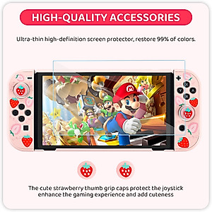 FANPL Cute Carrying Case for Nintendo Switch OLED 2021, Pink Protective Cover Accessories Bundle with Travel Case, PC Shell, Adjustable Shoulder Strap, Thumb Grips, Screen Protector (Pink Strawberry)