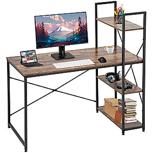 Computer Desk with 4 Tier Storage Shelf- 47 Inch Home Office Table, Modern Steel Frame Wood Study Gaming Corner Desk Easy Assemble,Brown