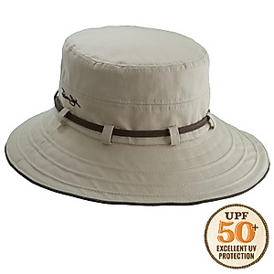 Panama Jack Women's Contrast Cotton Bucket Sun Hat with Sizing Tie, 3" Brim (Khaki)
