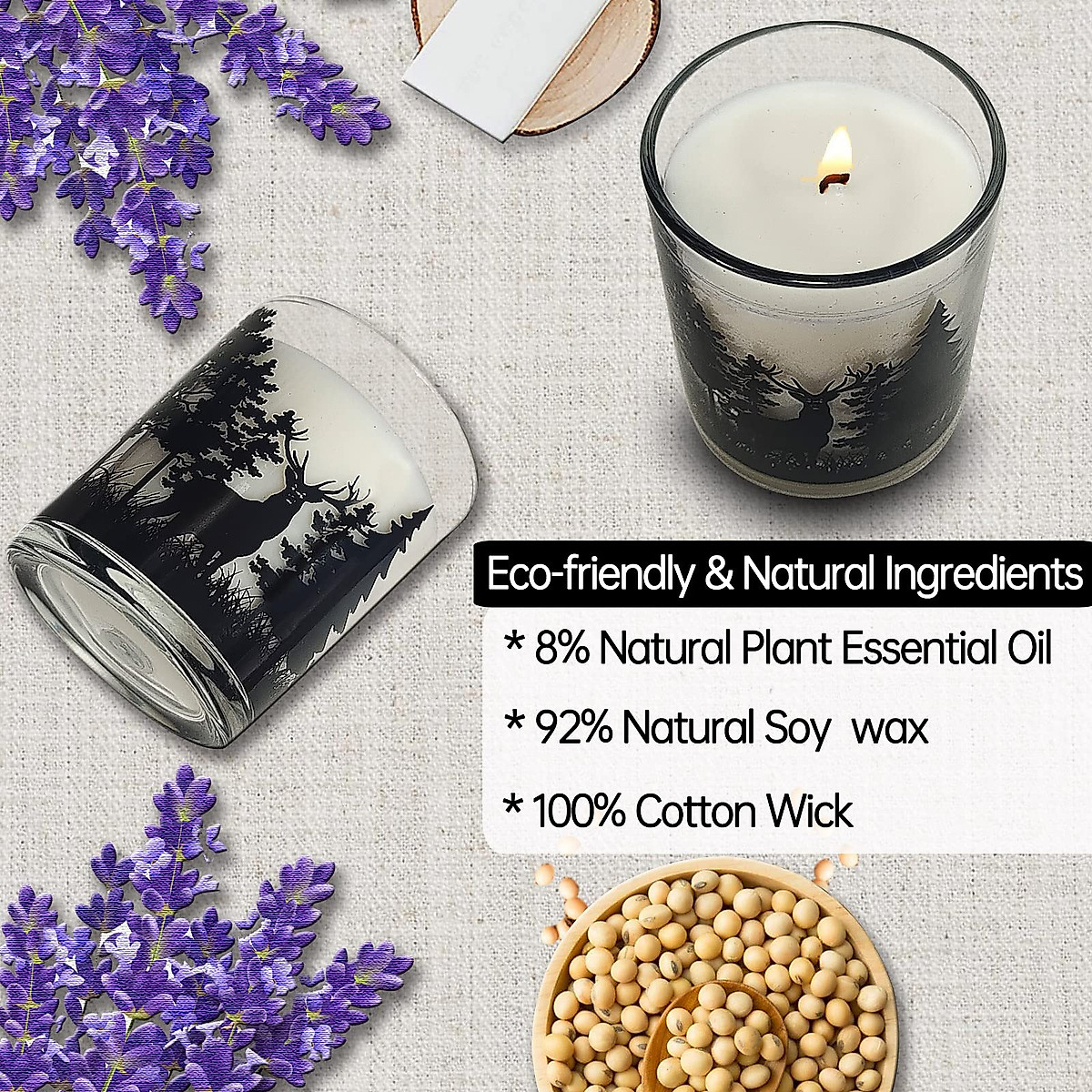 Scented Candles Gifts for Him/Her，Stress Relief Relax Gifts for Women/Men，Lavender Candle Soy Wax Aromatherapy Candles ，7.5 Oz Candle with Tree Deer Decal，Forest Landscape Shadow Glass Jar Candle