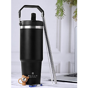 30 oz Stainless Steel Vacuum Insulated Tumbler with Handle Lid and Straw Leak and Spill Proof Travel Tumbler Cup with 2 Lids and Teddy Straw Cap Water Tumblers for Women and Men 890 ml