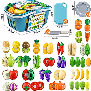 TEMI 70 Pieces Cutting Play Food Toy for Kids Kitchen - Pretend Fruit and Vegetables Accessories Toys for 3 4 5 6 Girls with Storage, Dishes and Knife, Educational Kitchen Toy for Toddlers Age 3-5