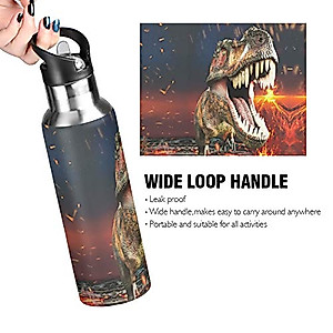 Dinosaur 3D T-Rex Water Bottle with Straw Lid Thermos Kids Insulated Stainless Steel Water Flask Sports, 20 Oz Hot Cold