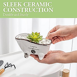 MyGift 6-Inch White Ceramic Indoor Plant Pot, Claw Foot Bathtub Mini Succulent Planter Pot, Petite French Country Bathroom Decor Soap Dish