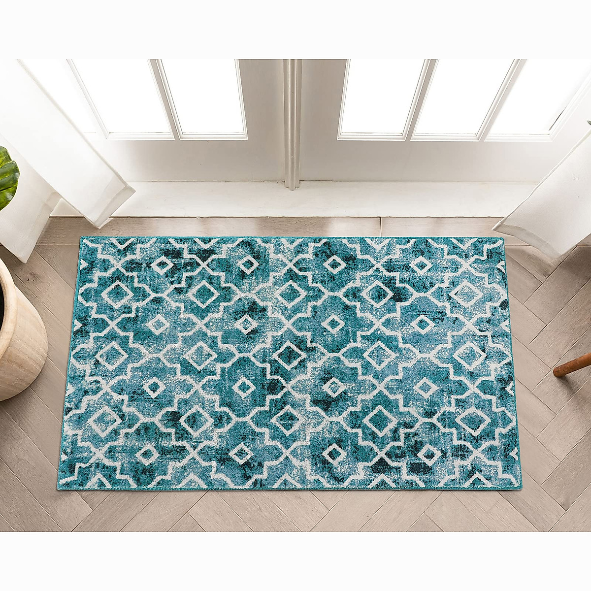 Wonnitar Moroccan Washable Area Rug - Small 2x3 Teal Distressed Entryway Rug Doormat Modern Geometric Non-Slip Throw Rug Faux Wool Floor Carpet for Bathroom Laundry Indoor Office (Teal,2'x3')