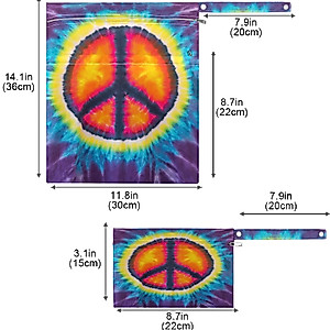 visesunny Abstract Peace Sign Design Tie Dye 2Pcs Wet Bag with Zippered Pockets Washable Reusable Roomy Diaper Bag for Travel,Beach,Daycare,Stroller,Diapers,Dirty Gym Clothes,Wet Swimsuits,Toiletries