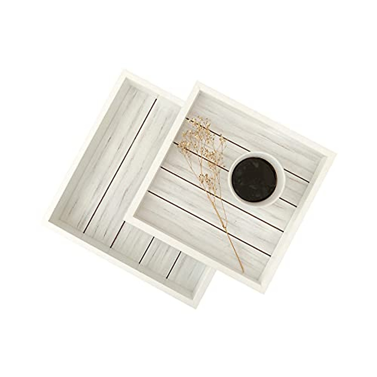 White Square Tray Wooden Serving Tray for Ottoman Vanity Coffee Table Breakfast in Bed Tea Accessory Organizer (12 x 12 x 2 & 10 x 10 x 1.2, Set of 2) (White)