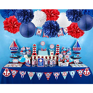 Nautical Party Decor Pom Poms Tissue Paper Lanterns Navy Blue Decorations for Baby Shower Boy Scout Banquet Birthday Party Nursery Decorations Bridal Shower Wedding Party Decorations