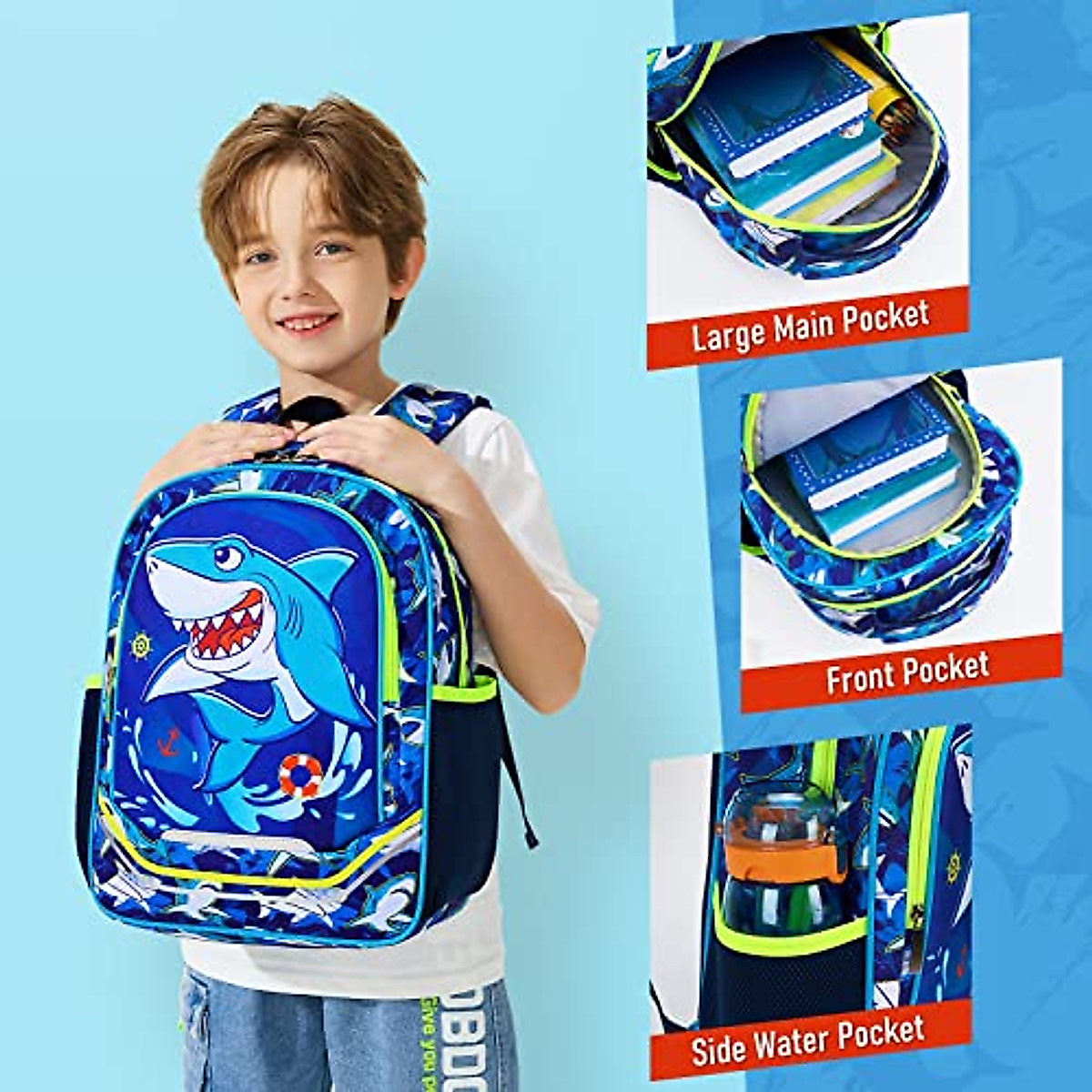 WAWSAM Shark Backpack for Boys - 15 Inch Boys Backpacks for Kids School Kindergarten Primary Elementary Schoolbag Bookbag Blue Backpack with Chest Strap and Bottle Pocket Travel Casual Daypacks