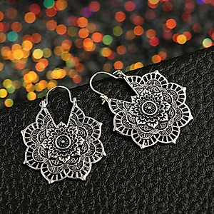 Hithop Vintage Mandala Flower Drop Dangle Earring for Women Tribal Hollow Floral Pendant Earrings (Silver)