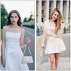 4 Pieces Silver Clutch Purses and Rhinestone Jewelry Set for Women Evening Diamond Sparkly Purses Necklace Bracelet Earrings for Wedding Bridal Party (Rhinestone Style)