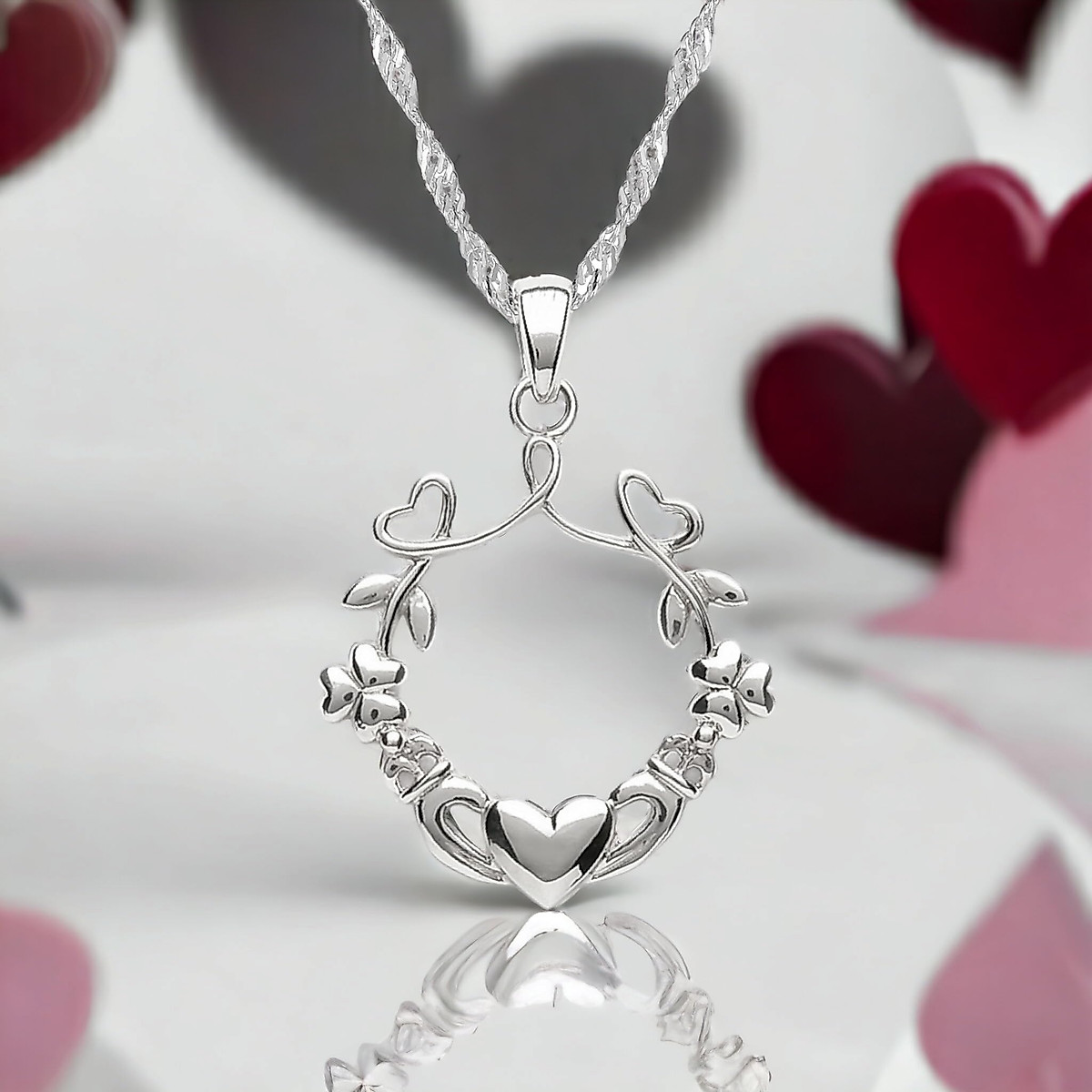 ICEBERRY Irish Claddagh Necklace 925 Sterling Silver - Dainty Leaf Clover Wreath Pendant with Chain 20" - Good Luck Blessing Shamrock Charm - Celtic Jewelry for Women