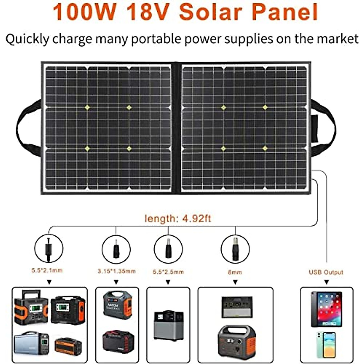 Solar Panels 100W 18V Portable Solar Panel 5V USB Flashfish Foldable Solar Cells Battery Charger Folding Outdoor Power Supply Camping Garden (18V 100W) (18V 100W) ()