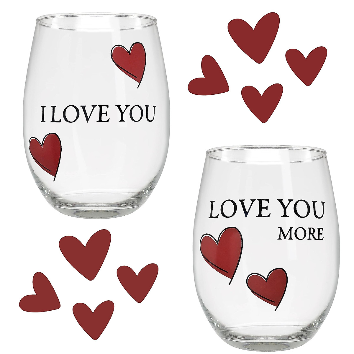 BANBERRY DESIGNS Lover's Wine Glass Set - I Love You, Love You More - Set of 2 - Stemless Wine Glasses with Decorative Hearts - Mr. & Mrs. - His and Her Romantic Glassware 20 oz