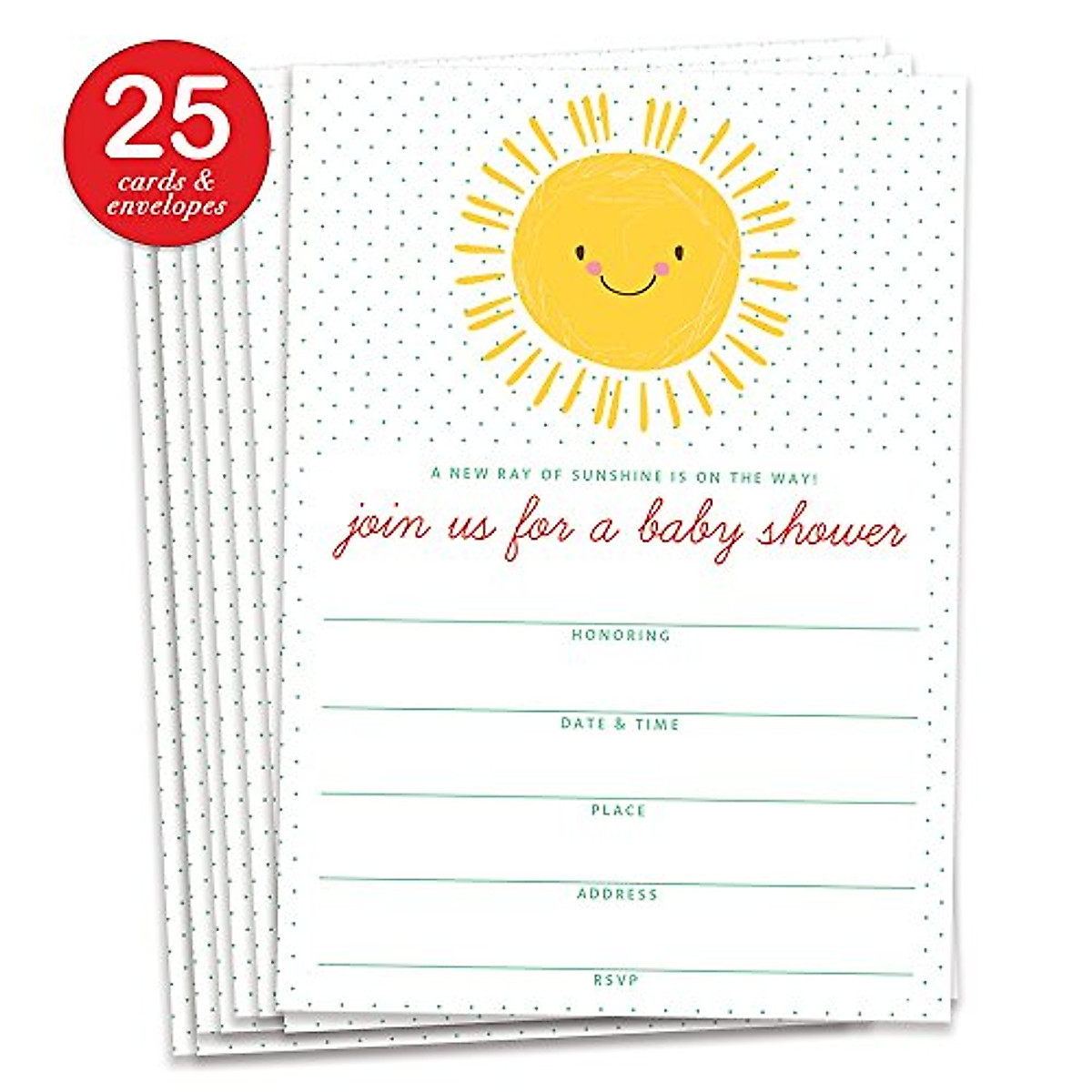 DB Party Studio Baby Shower Invitations Happy Sunshine Gender Neutral Sunny Smile Blank Invites with Envelopes ( Pack of 25 ) Large 5x7” Fill In Boy Girl Infant Mom-To-Be Smiling Sun Newborn VI0077B
