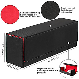 Weewooday MTG Desk Box 400 Card Desk Box Card Storage Box Magnetic Deck Box PU Leather Deck Box for Trading Card Games 12.2 x 4.4 x 3.74 Inches (Black and Red)