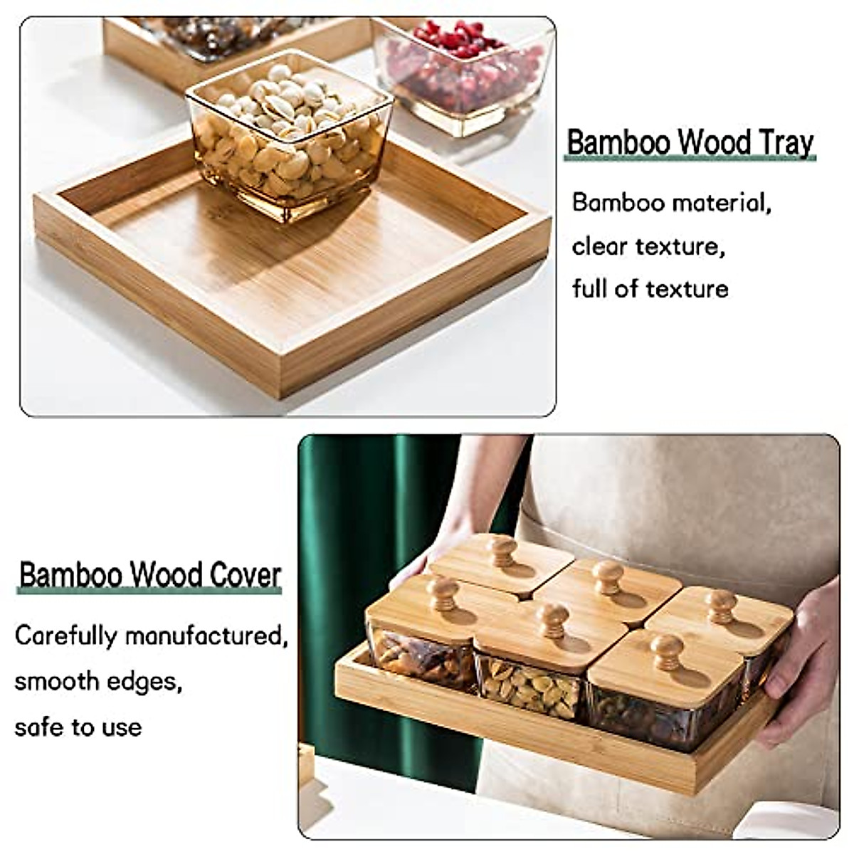 Square Snack Serving Tray,Divided Serving Tray with lid,Household Wooden Divided Serving Tray,Fruit Platter Tray for Parties,Snack Tray with lid,Suitable for Candy,Nuts,dips,Fruits