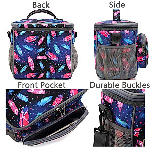 FlowFly Insulated Reusable Lunch Bag Adult Large Lunch Box for Women and Men with Adjustable Shoulder Strap,Front Zipper Pocket and Dual Large Mesh Side Pockets,Feather