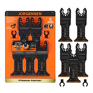 JORGENSEN 5 Pack Oscillating Saw Blades, Bi-Metal Multitool Blades with 2 Adapters, Titanium Coated Universal Multi Oscillating Tool Blade Kits for Plunge/Flush Cut to Multi-Material