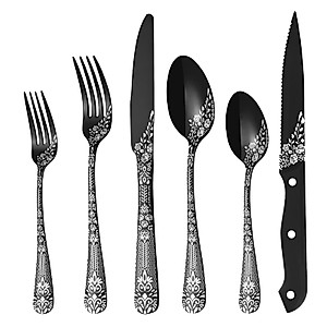 EUIRIO 36-Piece Black Silverware Set with Steak Knives, Black Flatware Set for 6, Stainless Steel Mirror Cutlery Set, Spoons Forks Knives Set with Unique Floral Laser, Eating Utensils, Dishwasher Safe