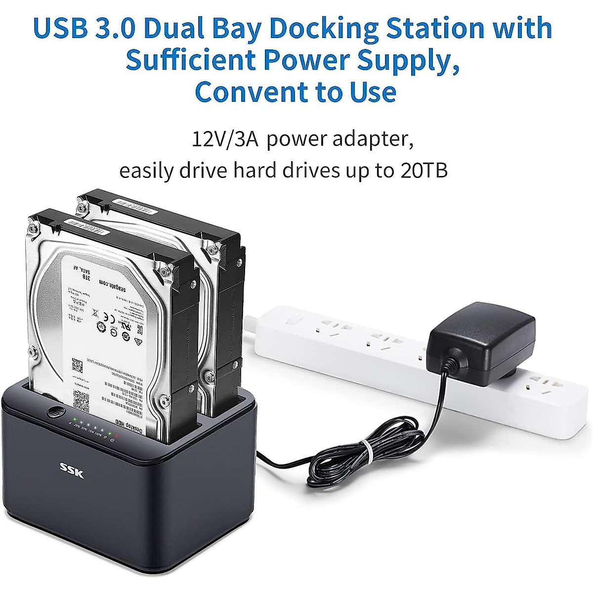 SSK Aluminum Hard Drive Docking Station, USB 3.0 to SATA Dual Bay External HDD Dock Caddy Reader for 2.5 & 3.5 inch SATA HDD SSD, with UASP Offline Cloner/Duplicator Function(2x20TB Supports) Black